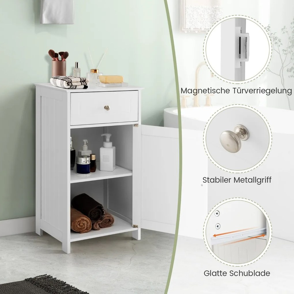 Costway Koupelnová skříňka úzká se zásuvkou a dvířky – 43 × 34 × 77 cm, bílý