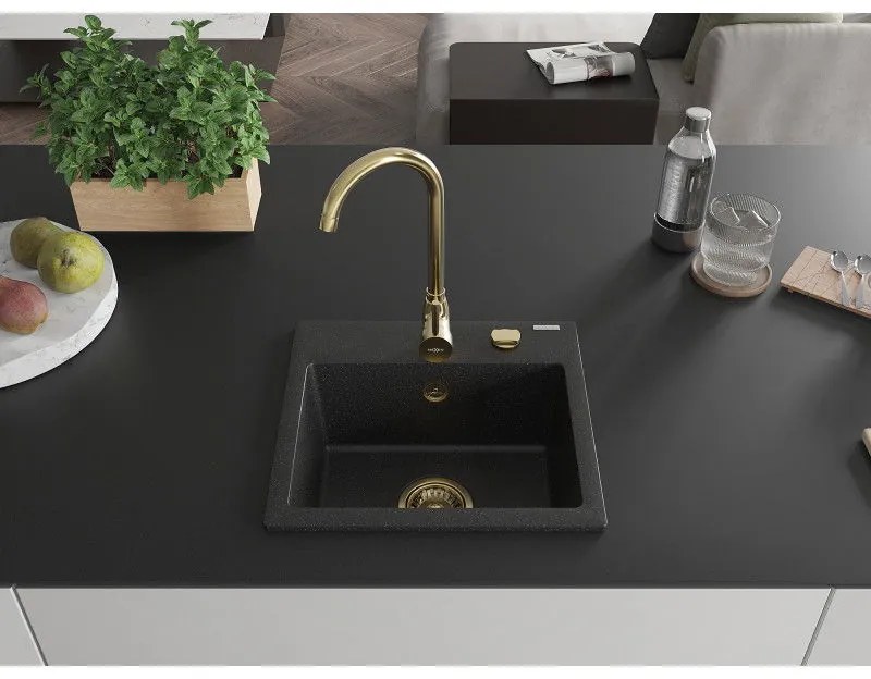 Mexen Milo, granitový dřez 435x410x171 mm, 1-komorový, černá-stříbrná metalíza se zlatým sifonem, 6505441000-73-G