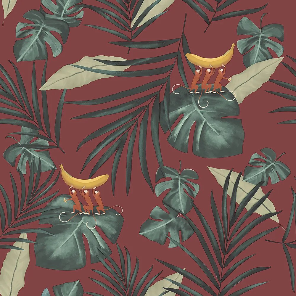 Červená vliesová tapeta na zeď, listy, opice 6502-4, Batabasta, ICH Wallcoverings