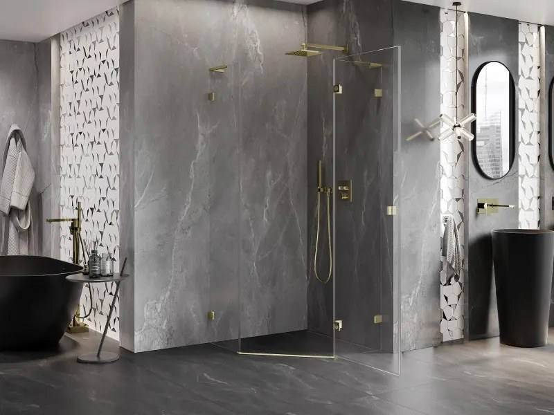 Mexen Lunar, L pravý výklopný pětiúhelníkový sprchový kout 100 x 100 cm, 8mm čiré sklo, zlatý profil, 831L-100P-100L-50-00-P