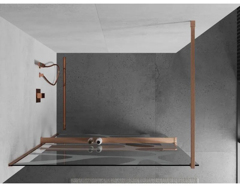 Mexen Kioto+, sprchová zástěna Walk-In s poličkou a věšákem 100 x 200 cm, 8mm čiré sklo bílý vzor, měděný matný profil, 800-100-121-65-97