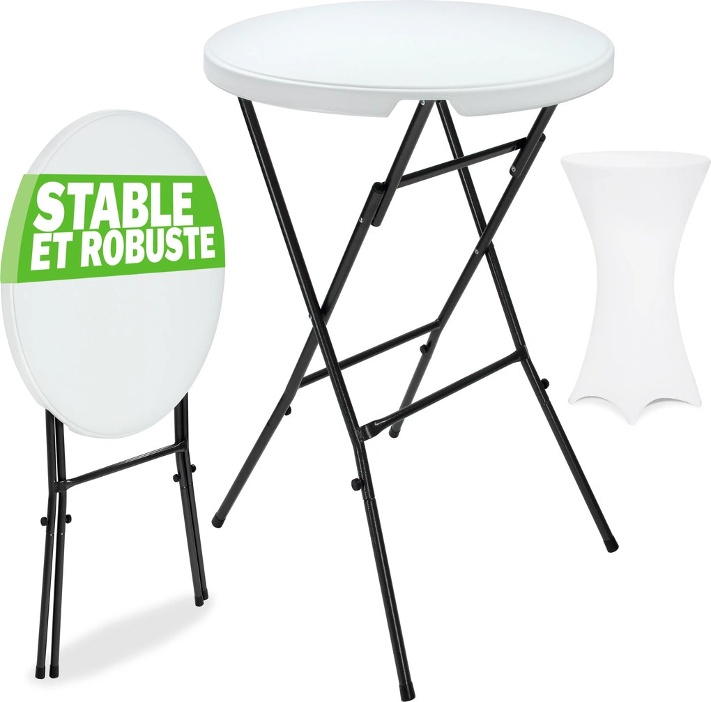 Barový stolek bílý s potah bílý Ø72cm skládací 110cm výška