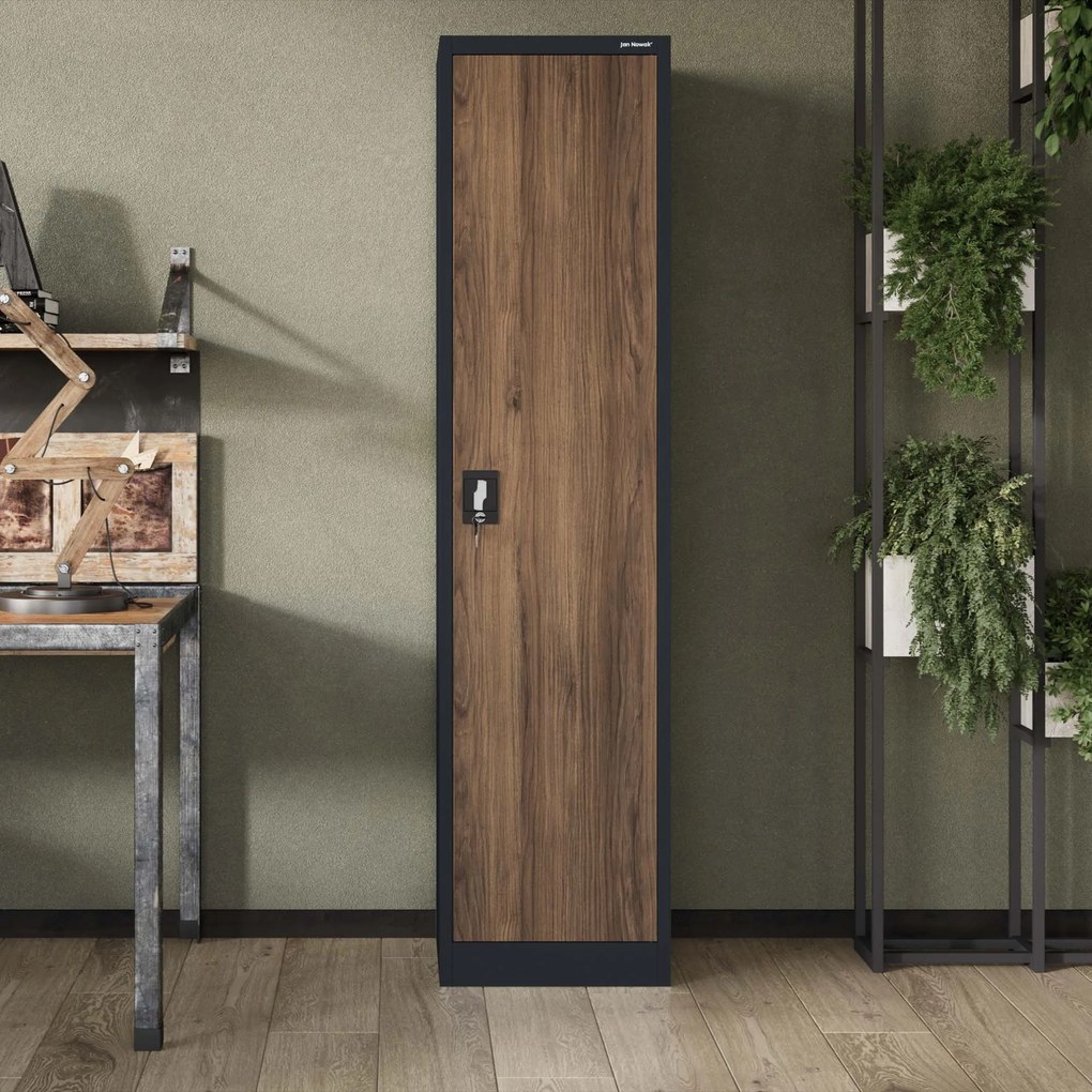 Kovová kancelářská skříň na spisy a dokumenty, antracit/ořech, 450x1850x400 mm: ALEX Eco Design