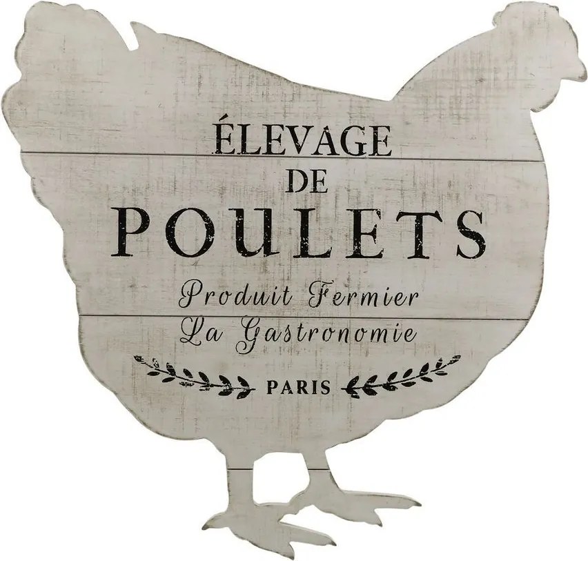 Krémová antik dřevěná nástěnná cedule ve tvaru slepice De Poulets – 43*2*43 cm