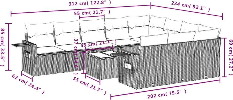 11dílná zahradní sedací souprava s poduškami černá polyratan 3253033