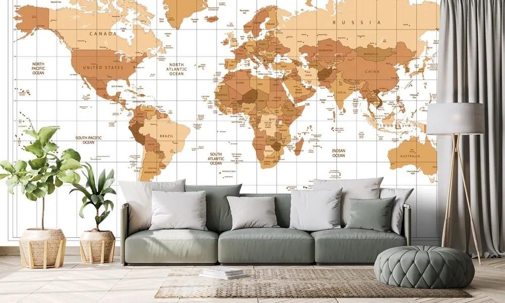 Tapeta béžová mapa světa na světlém pozadí - 450x300 cm
