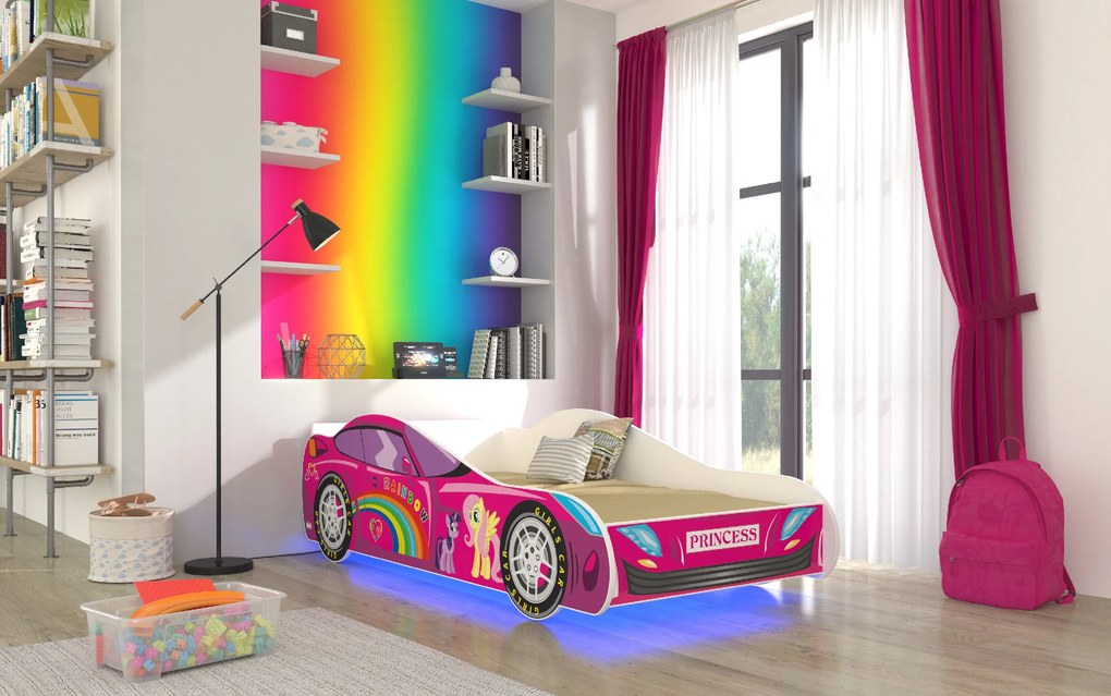 ADRK Postel CAR PINK, CH-CAR-PINK-140+L-S003, 140x70 cm s LED osvětlením a matrací, růžová