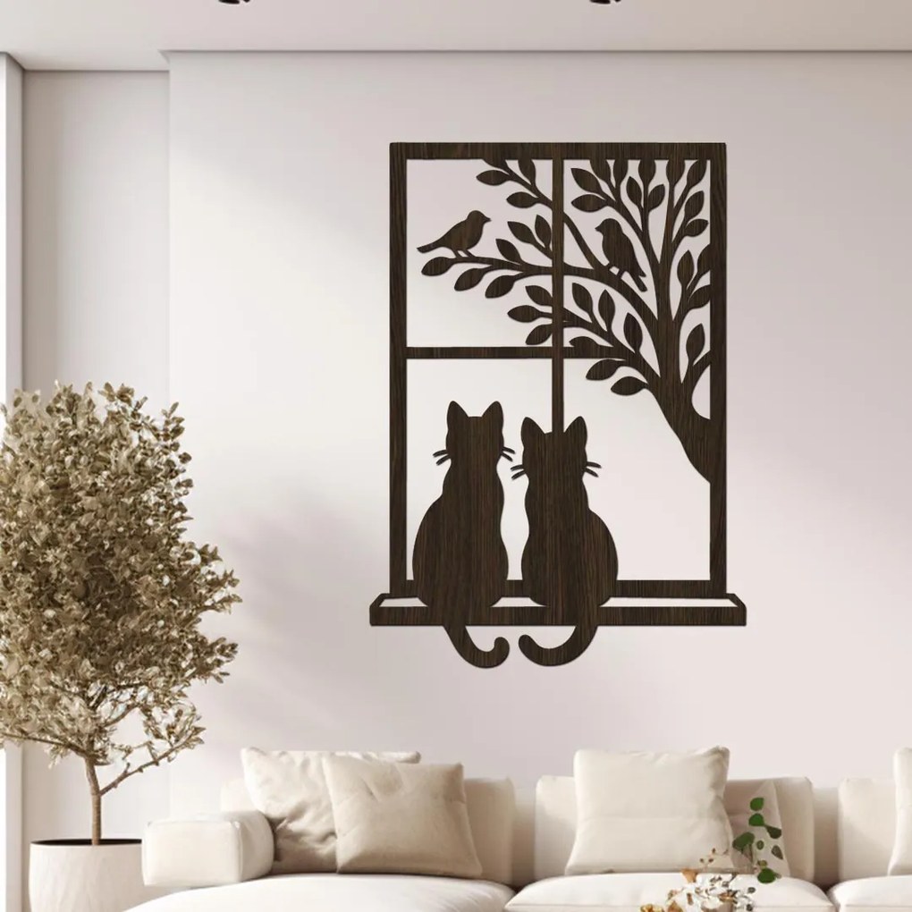 dřevo života Dřevěná dekorace Kočky v okně Zvolte rozměr (cm): 28x40, Zvolte barvu dekoru: Buk