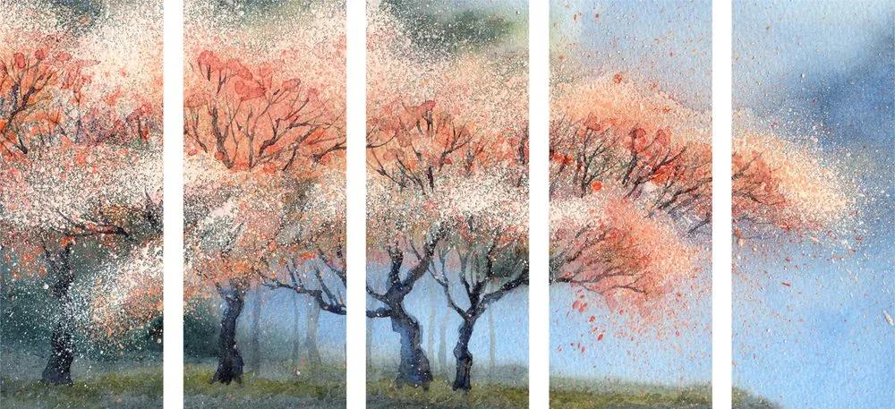 5-dílný obraz akvarelové kvetoucí stromy