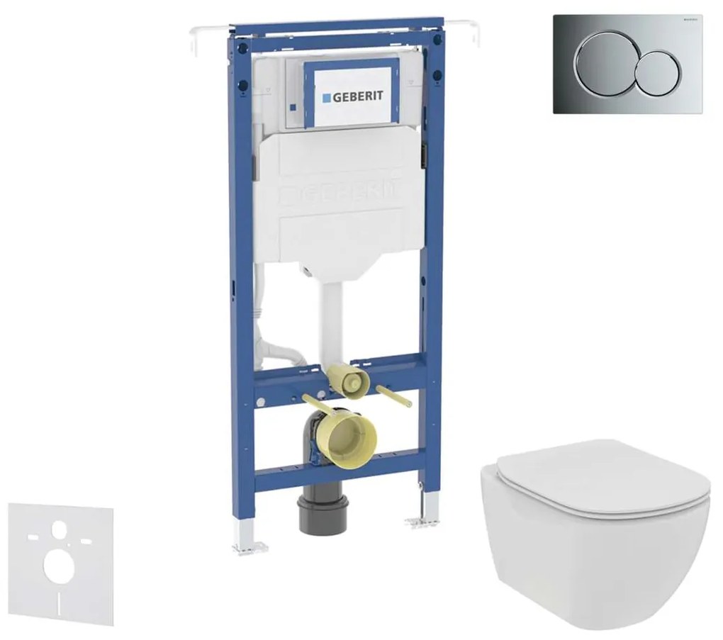 Geberit Duofix - Set předstěnové instalace, klozetu a sedátka Ideal Standard Tesi, tlačítka Sigma01, Rimless, SoftClose, lesklý chrom SANI11CD1102
