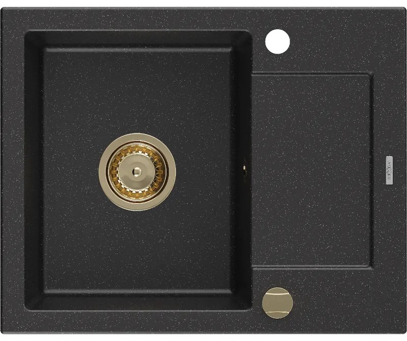 Mexen Enzo granitový dřez 1-komorový s odkapávací plochou 576 x 465 mm, černý/stříbrný metalik, sifon zlatý - 6506571005-73-G