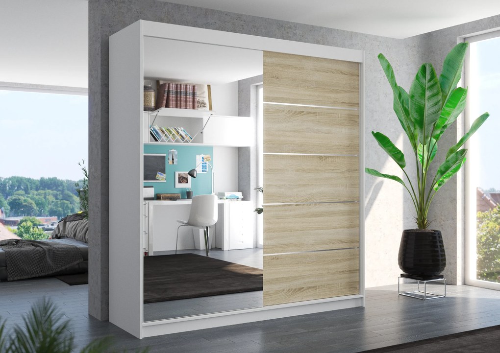 ADRK Furniture Skříň s posuvnými dveřmi a zrcadlem OLIVER 200 ADRK-SW-OLI-WS-200