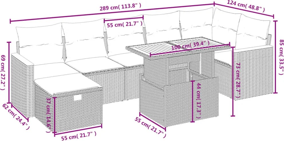 8dílná zahradní sedací souprava s poduškami béžová polyratan 3276048