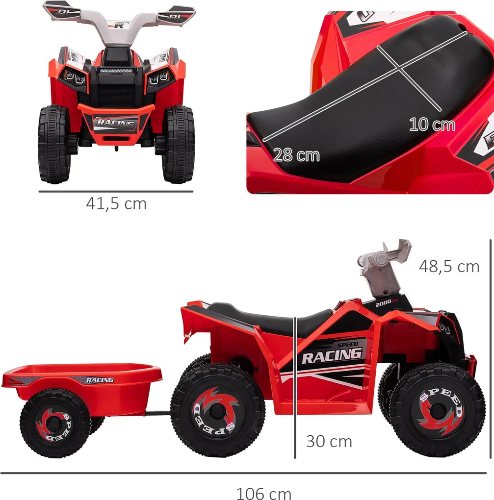HOMCOM Prodám elektrickou čtyřkolku, s přívěsem, rychlost vpřed a vzad, oděruvzdorná kola, kovová, pro 1,5-3 roky, nosnost 25 kg, červená