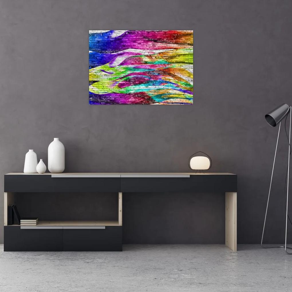 Skleněný obraz - Cihlová zeď s barevnými plameny (70x50 cm)
