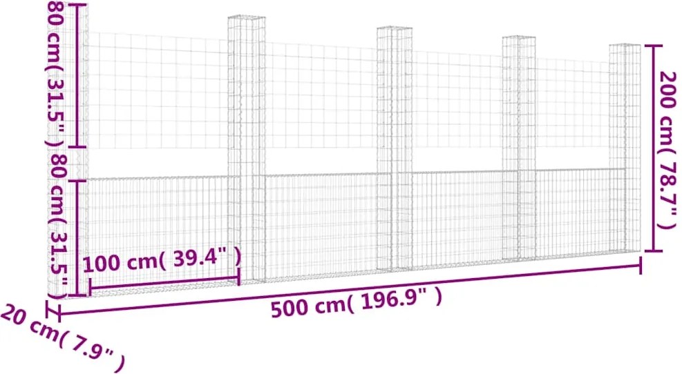 Gabionový koš ve tvaru U s 5 sloupky železo 500 x 20 x 200 cm 151292