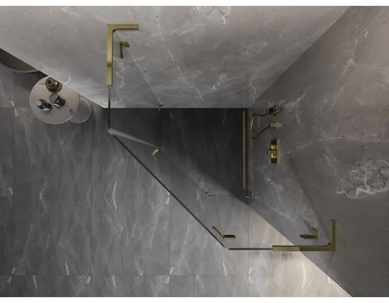 Mexen Lunar, L pravý výklopný pětiúhelníkový sprchový kout 100 x 100 cm, 8mm čiré sklo, zlatý profil, 831L-100P-100L-50-00-P