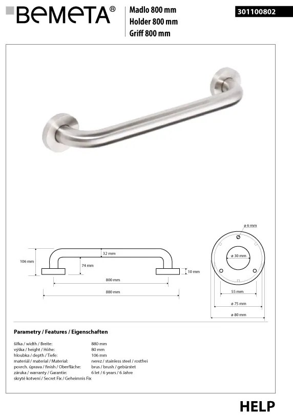Bemeta Design HELP: Madlo, 800 mm, s krytkou, nerez, mat - 301100802