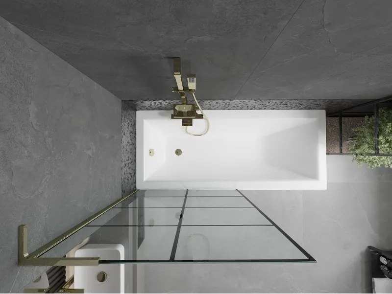Mexen Next L, 1-křídlová vanová zástěna 90 x 150 cm, 6mm čiré sklo-černý vzor, zlatý lesklý profil, 895-090-000-03-77-50