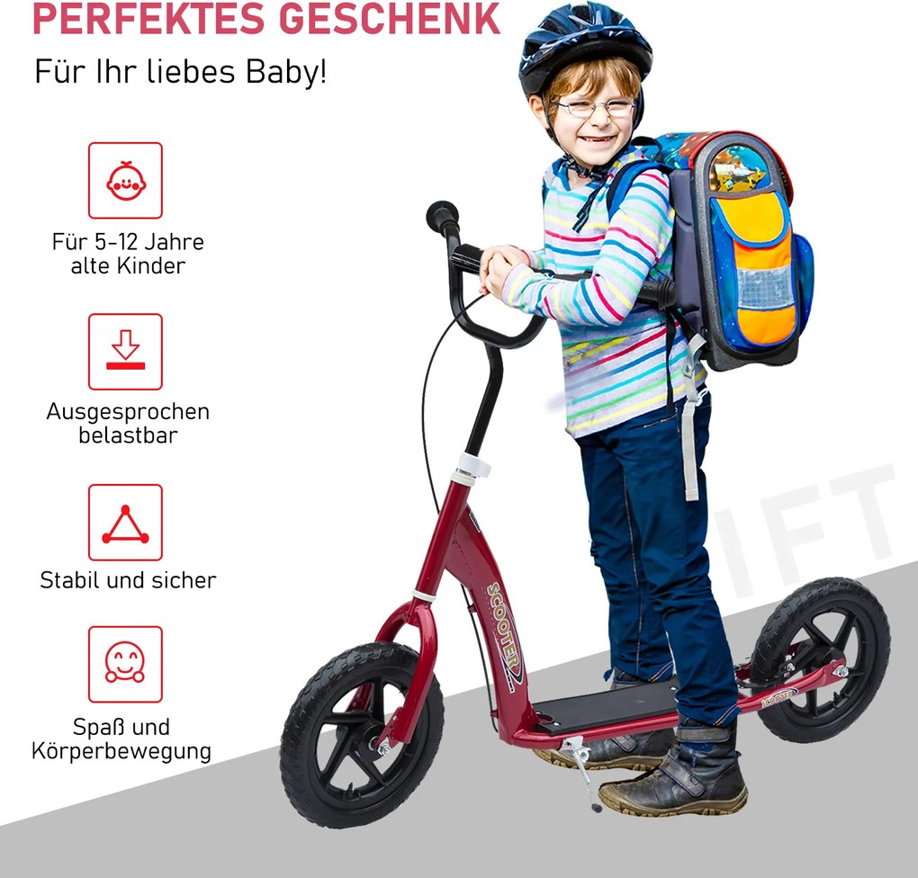 HOMCOM Dětská koloběžka Městská koloběžka Koloběžka 12 palců se zadní brzdou výškově nastavitelná z oceli EVA v červené barvě 120 x 52 x 80-88 cm pro…
