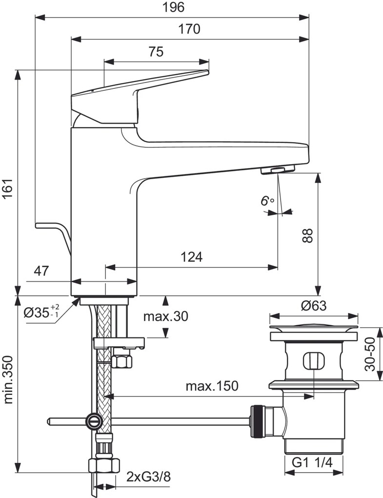 Ideal Standard Ceraplan - Umyvadlová baterie Grande s kovovou odtokovou garniturou, chrom BD227AA