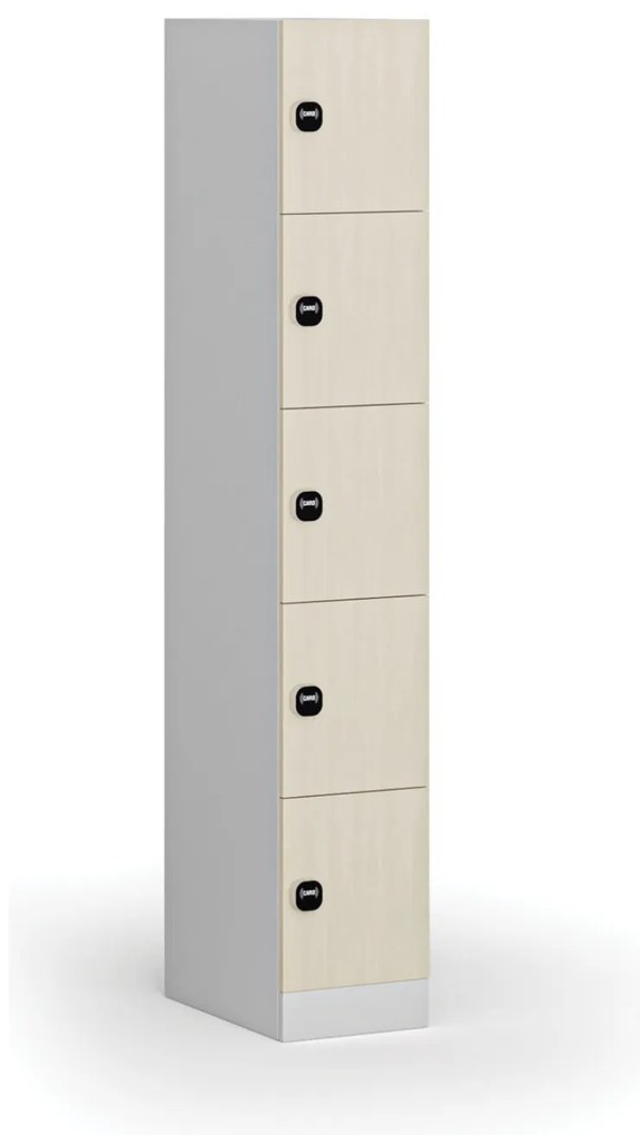 Šatní skříňka S1 s úložnými boxy, 5 boxů, 1850 x 300 x 500 mm, RFID zámek, laminované dveře, bříza