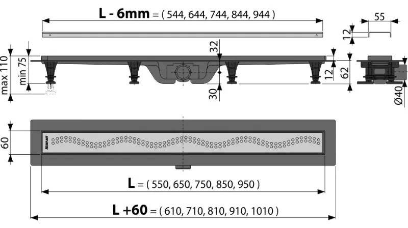 Podlahový žlab Alcadrain (Alcaplast) s okrajem pro perforovaný rošt APZ8-950M