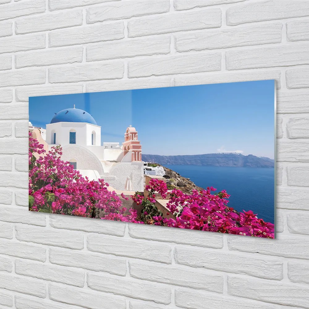 akrylový obraz Řecko květiny mořské stavby 125x50 cm