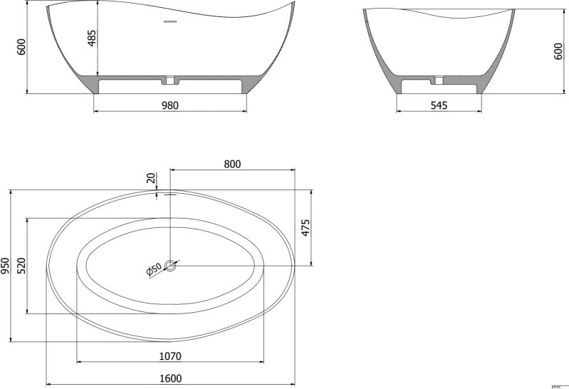 Mexen Parma, volně stojící vana z konglomerátu 160 x 95 cm, bílá matná, 57231609500