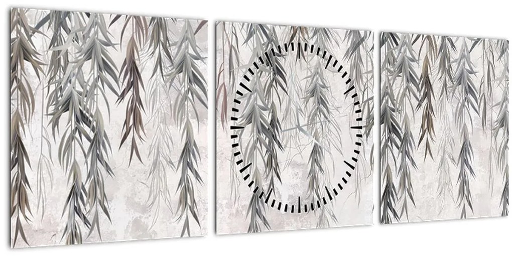 Obraz - Vrbové větvičky v šedé omítce (s hodinami) (90x30 cm)