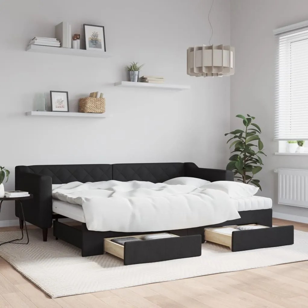Válenda s přistýlkou a zásuvkami černá 80 x 200 cm textil 3197477