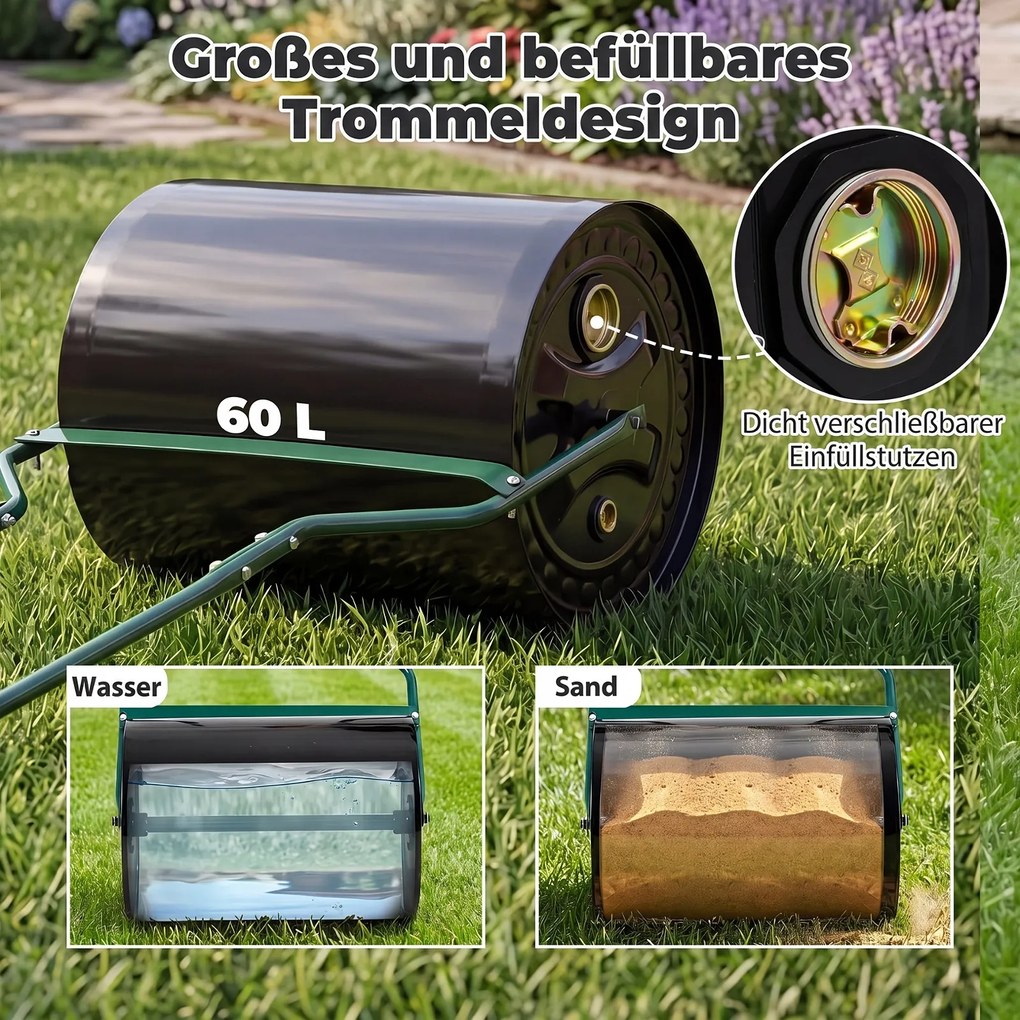 Costway Kovový válec na trávu s objemem náplně 60 L a šířkou rolování 50 cm.
