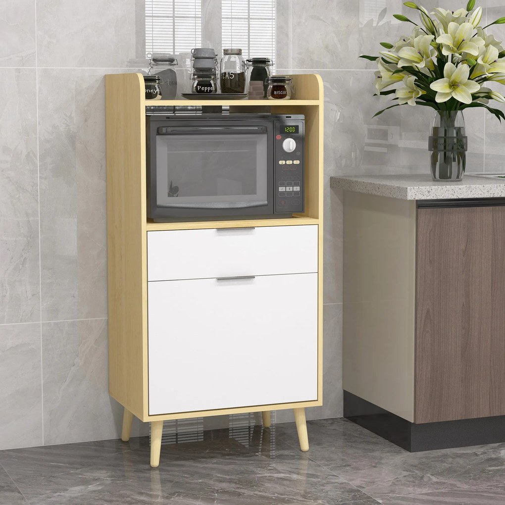 HOMCOM Kuchyňský vozík v severském stylu pro mikrovlnku s skříňkou, zásuvkou, nastavitelnou policí - 58 x 40 x 118 cm - přírodní a bílý