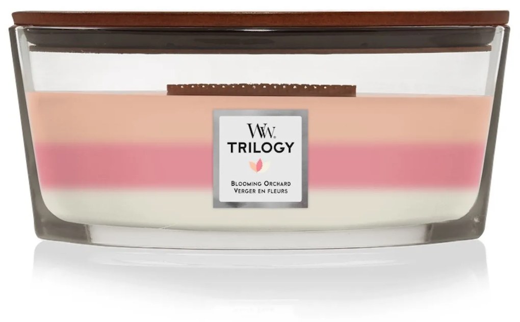 WoodWick vonná svíčka s dřevěným knotem Elipsa Trilogy Blooming Orchard 453,6 g