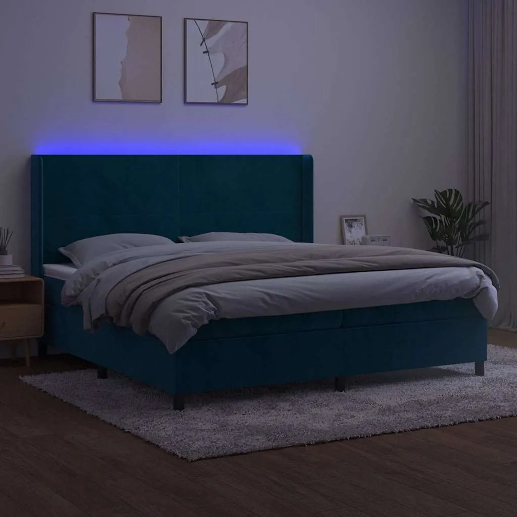 Box spring postel s matrací a LED tmavě modrá 200x200 cm samet 3139467