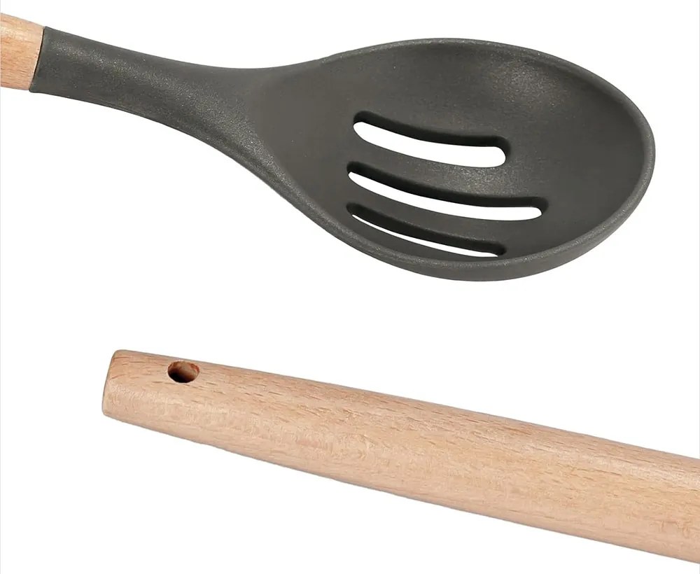 14dílná sada kuchyňského náčiní, se žáruvzdornou silikonovou hlavou, držákem, tmavošedá