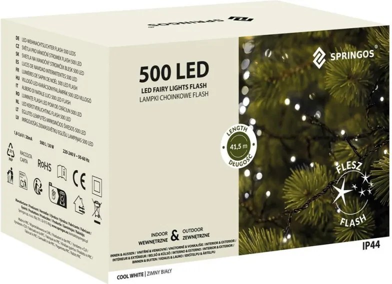 LED světelný řetěz - 41,5m, 500LED, IP44, studená bílá + záblesky
