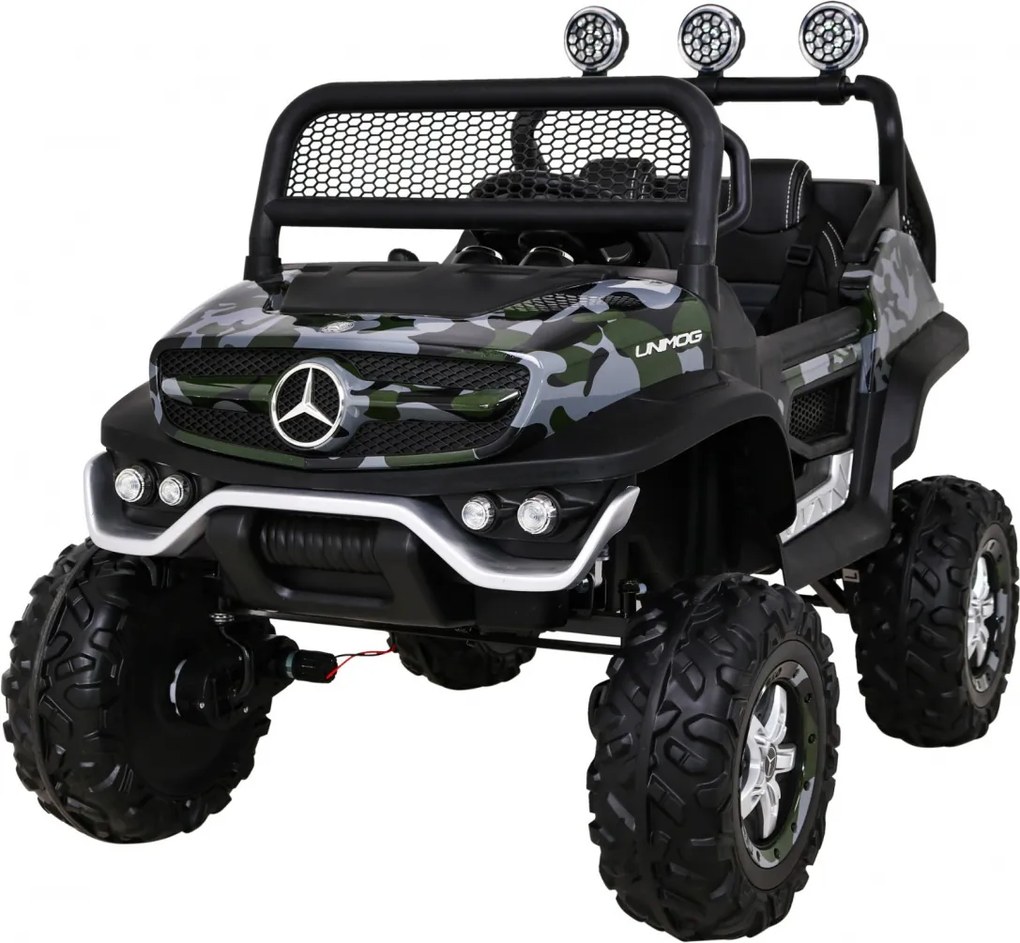 Ramiz Mercedes Benz Unimog elektrické autíčko pro děti maskáčové lakované + pohon 4x4 + dálkové ovládání + nosič zavazadel + pomalý start + MP3 + LED