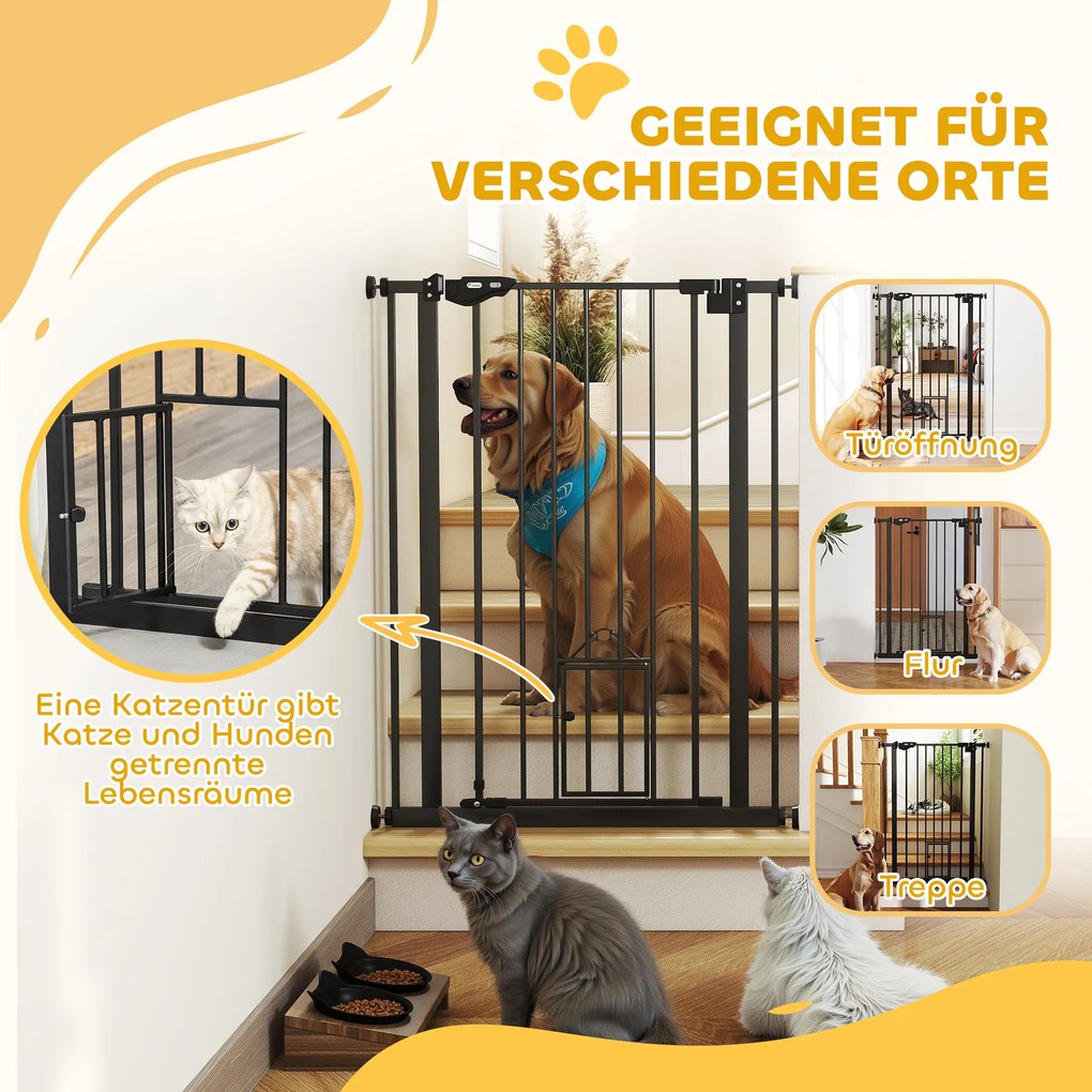 Dveřní mříž PawHut pro psy s dvojitým zámkem, nastavitelná délka 74-80x104cm, automatický zámek dveří, montáž bez vrtání, černá