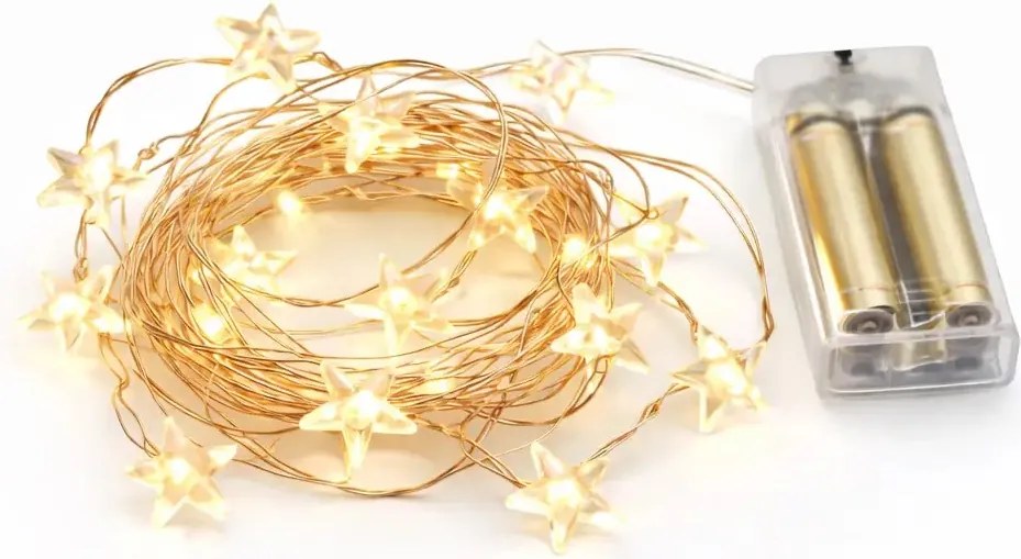 LED světýlka na baterie, hvězdičky, 3,4 m, teple bílá, 40 diod, měděná barva drátku, IP20 interiér, 3 × AA