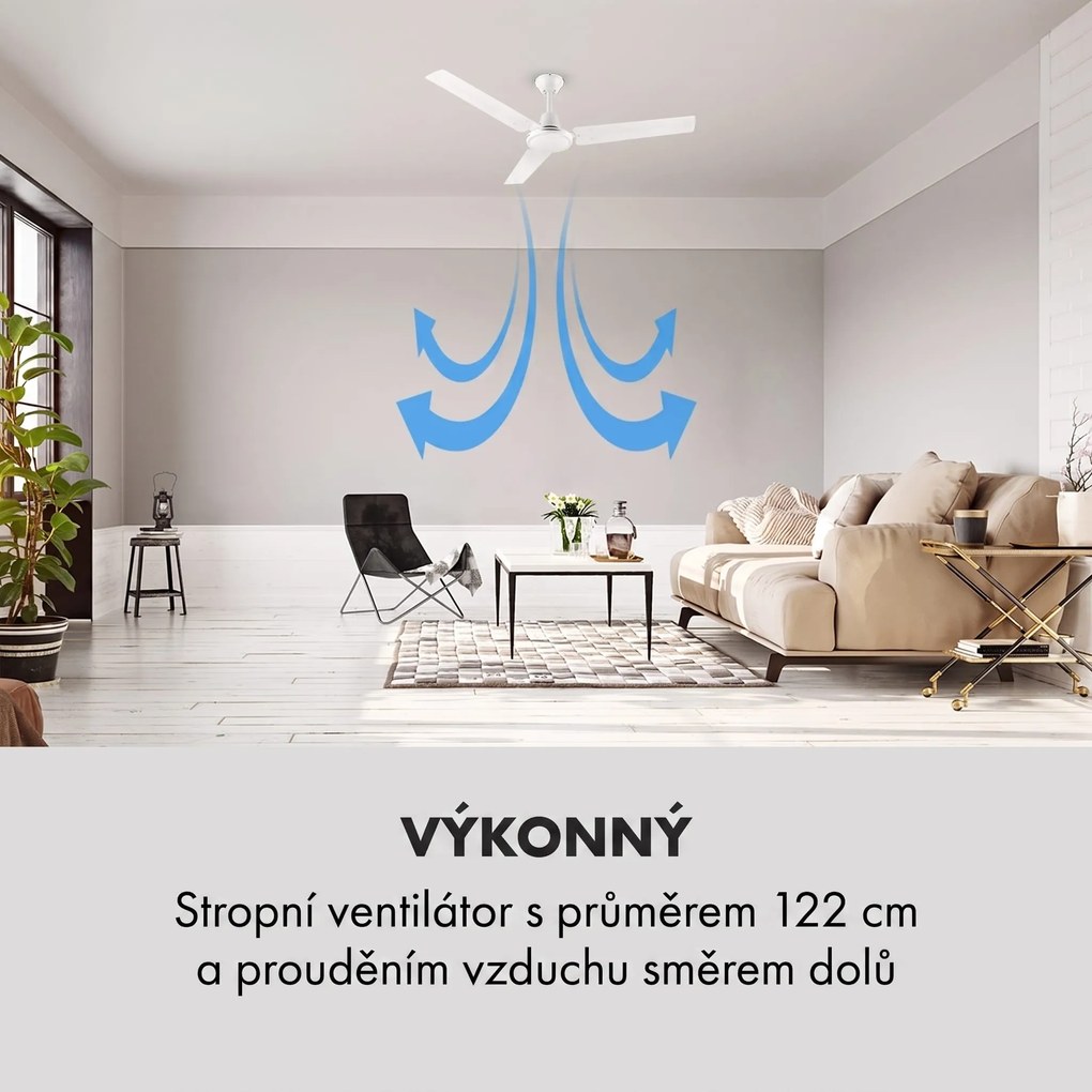 Klarstein Spin Doctor, bílý, 55 W, stropní ventilátor, 122 cm, 3 ramena, nerezavějící ocel