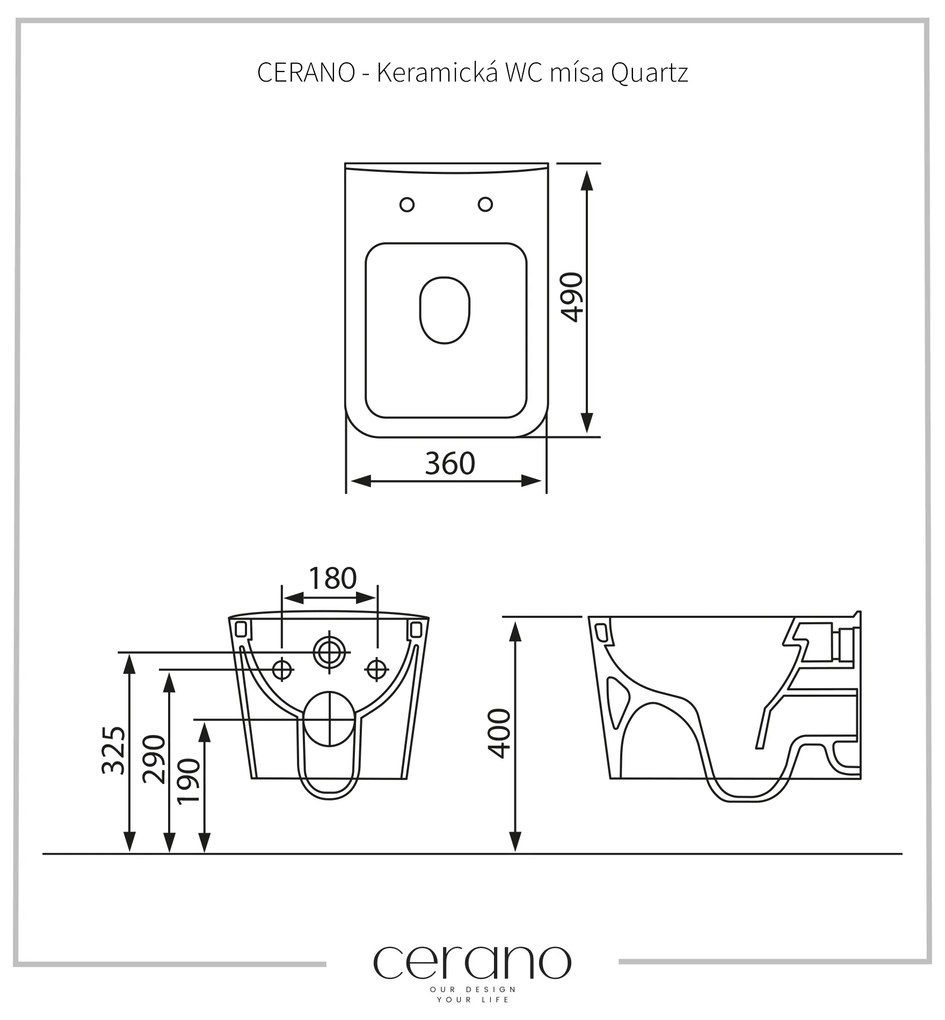 Cerano Quartz, závěsná WC mísa Rimless 49x36 cm bez WC sedáku, bílá lesklá, CER-CER-425548