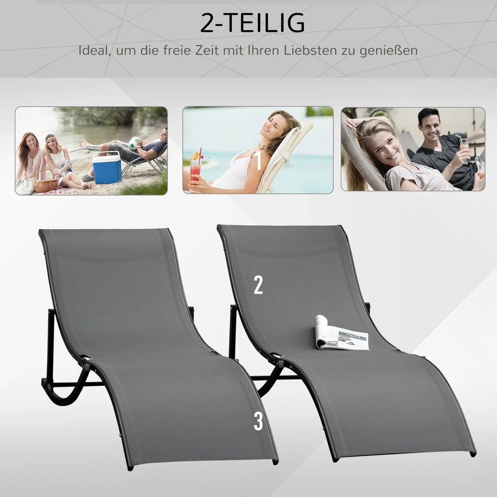 Outsunny sada 2 lehátek zahradní lehátka látková relaxační lehátka ergonomická hliníková Texteline tmavě šedá 165 x 61 x 63 cm