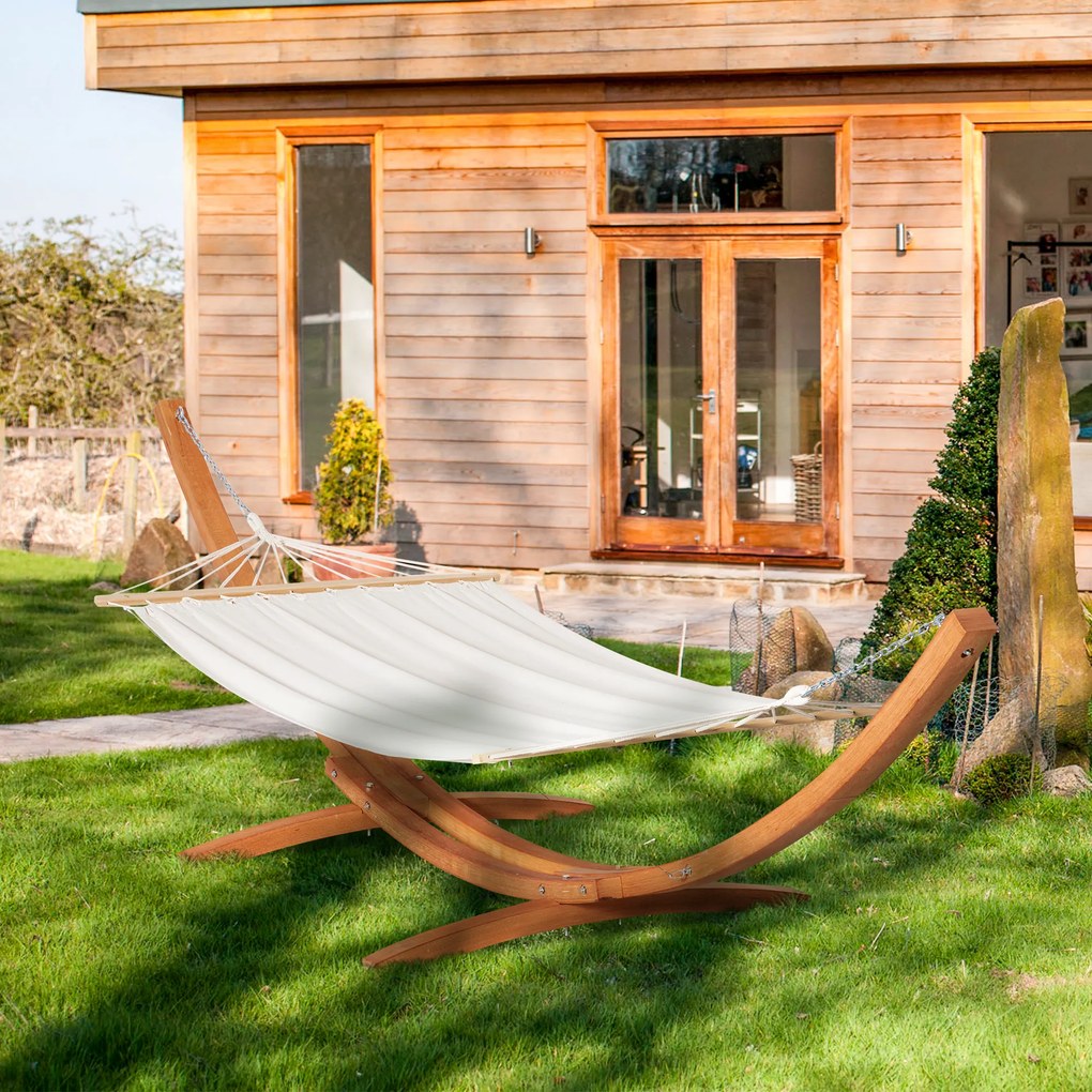 Outsunny zahradní houpací síť s dřevěným stojanem, houpací síť na rám pro 1 osobu, 3,92 m D x 1,2 m Š x 1,1 m V, barva krémovo-hnědá