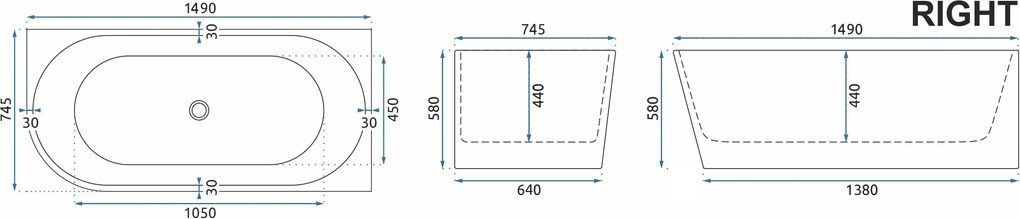 Asymetrická akrylátová vana s krycím panelem REA SYDNEY BELLANTO Pravá 150x75 cm, bílý, sifon Click-Clack - bílý