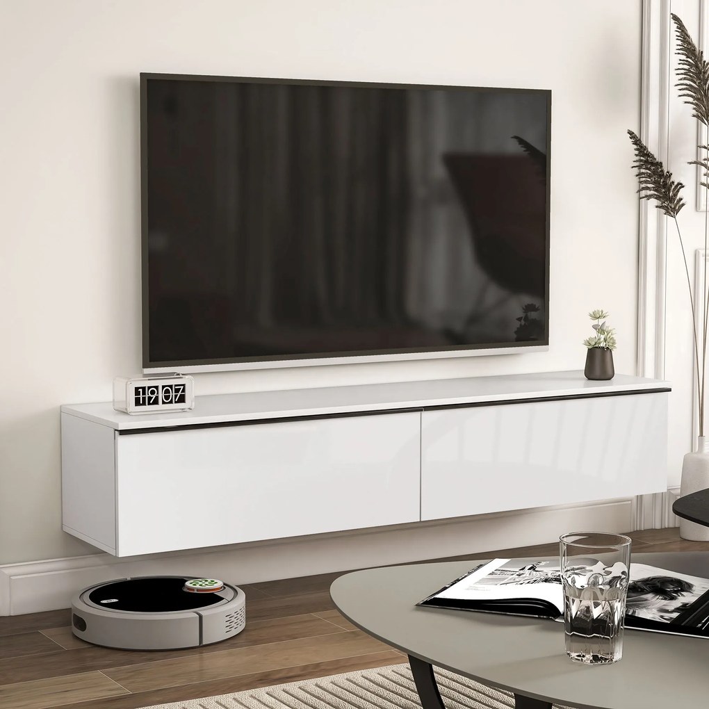 HOMCOM Nástěnný TV Stojan Dřevěný TV Konzole Koupelnová Skříň pro TV až 70 palců s Dveřmi s Lesklým Efektem, pro Obývací Pokoj, Ložnici, 160 x 35 x 3…