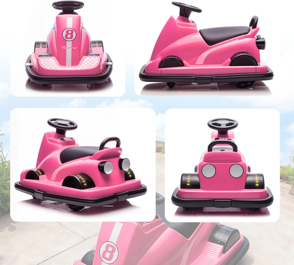 AIYAPLAY Autoskúter pro děti, otočný o 360 stupňů, volant, LED světla, hudební funkce, 3-8 let, růžový