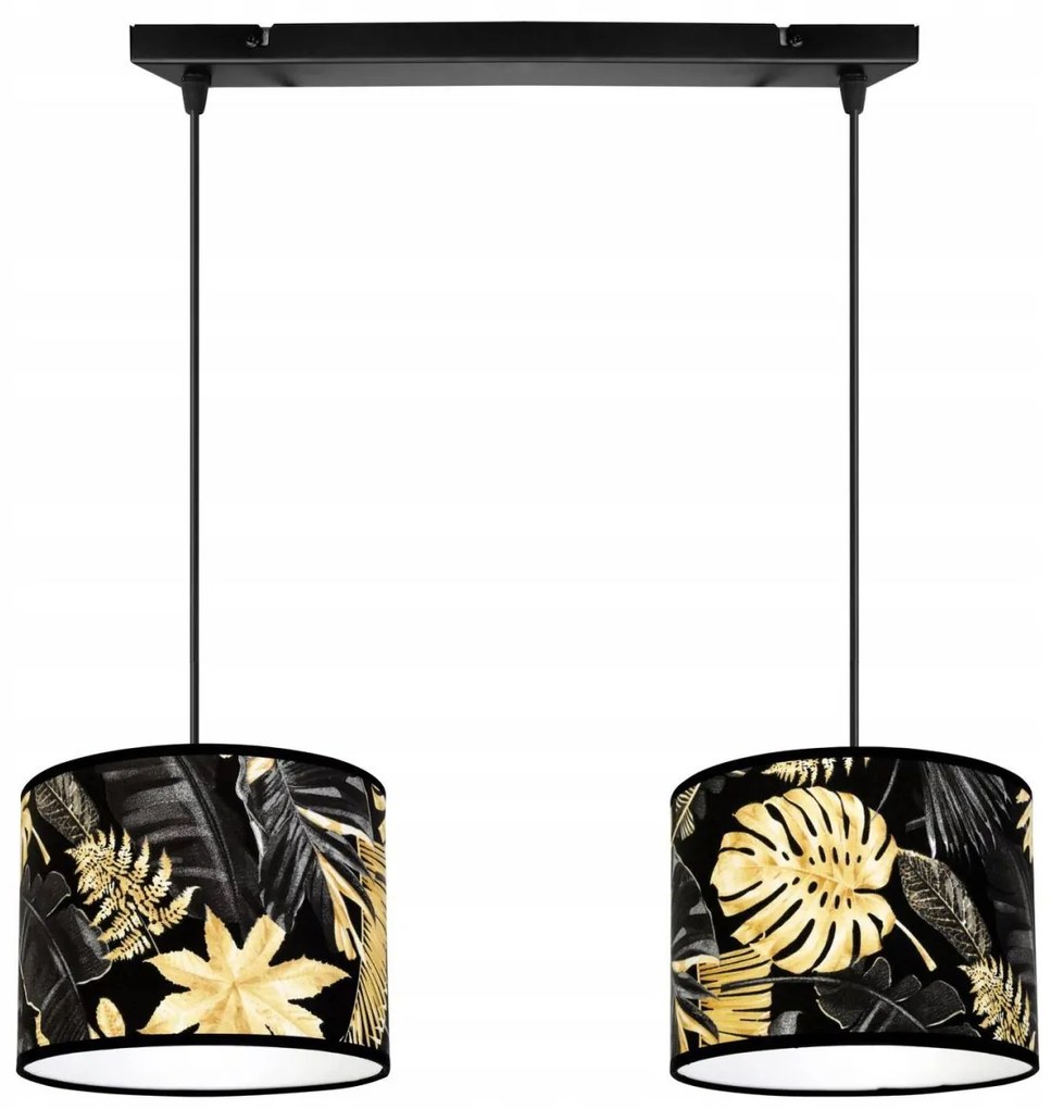 Závěsné svítidlo Gold Flowers, 2x černé textilní stínítko s květinovým vzorem