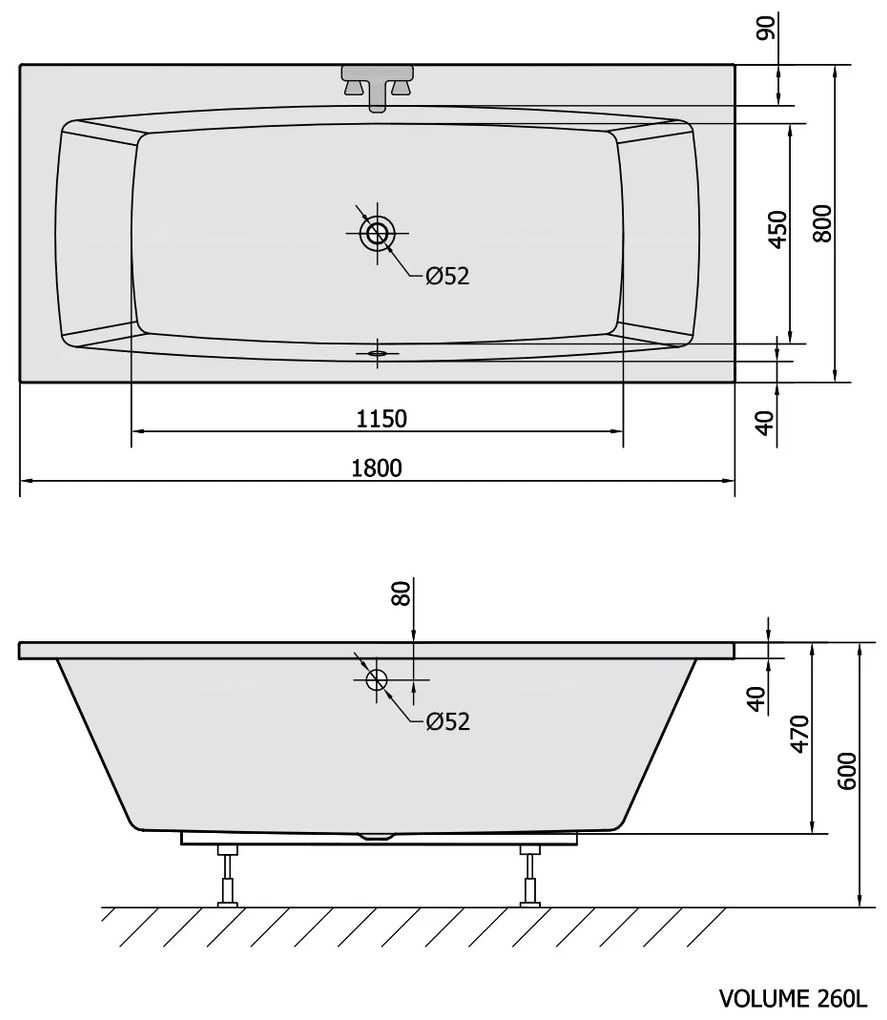 Polysan KVADRA obdélníková vana s konstrukcí 180x80x47 cm, bílá, 17711