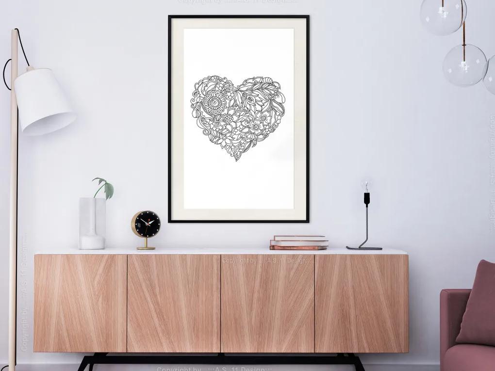 Plakát Etnické srdce - srdce vytvořené z černých vzorů na bílém pozadí